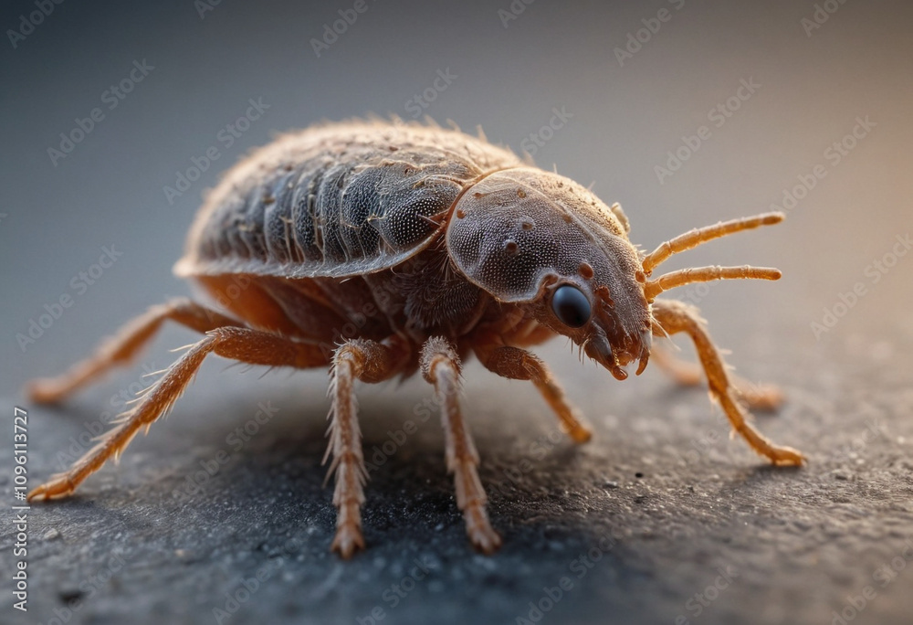 hyper-realistic photo of macro of Mite. Detailed. From above. Side view ...