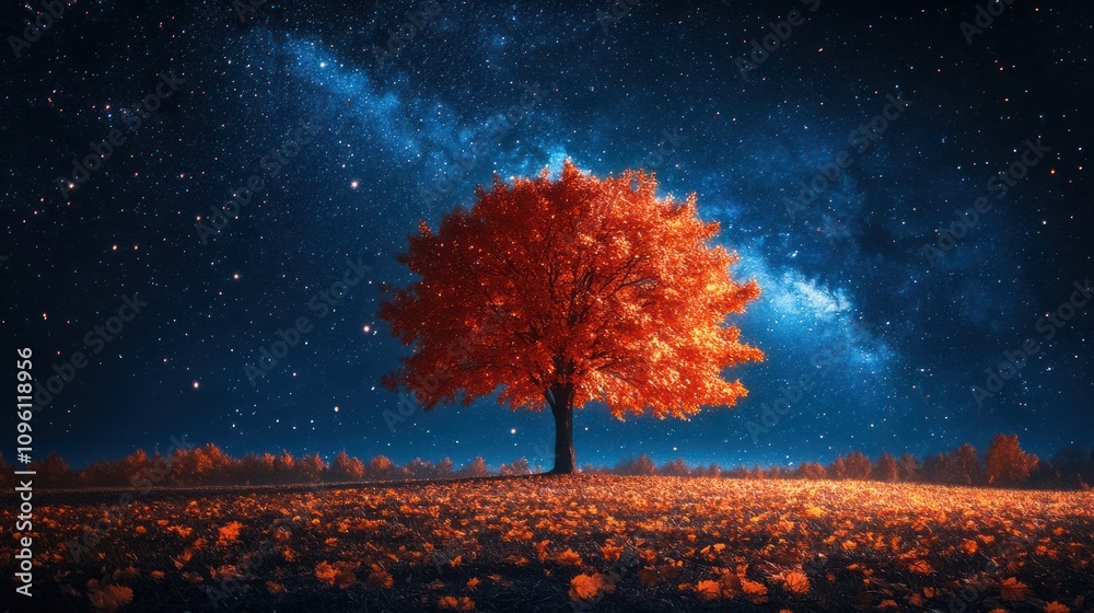 Vivid Red Autumn Tree Under a Starry Sky and Milky Way on a Field of ...