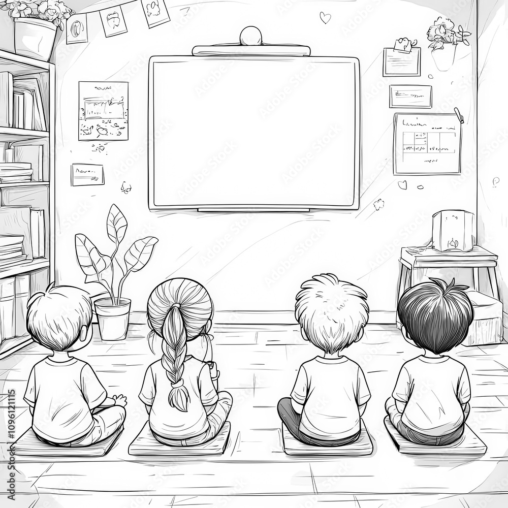 A fun classroom with children learning, coloring page for kids, simple ...
