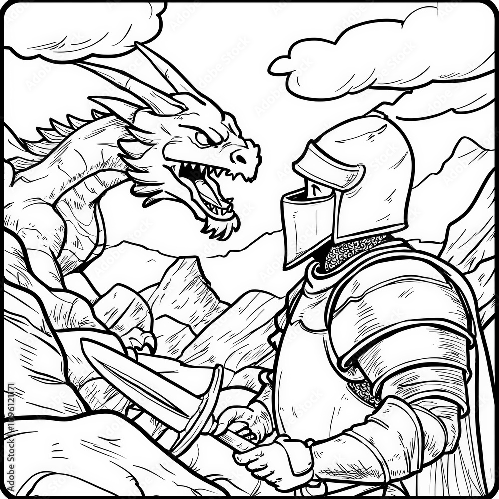 A medieval knight battling a dragon, coloring page for kids, simple ...