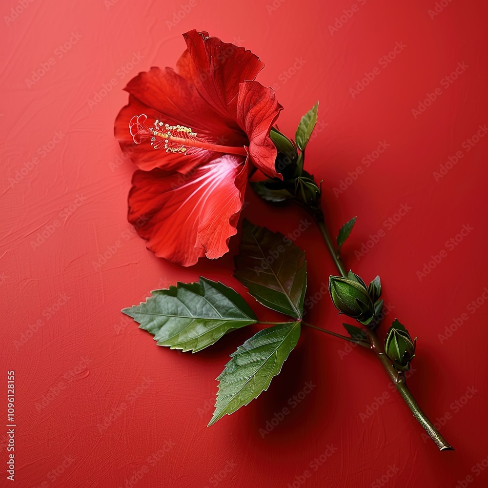 Photo of red china rose or hibiscus flower taken against red background ...