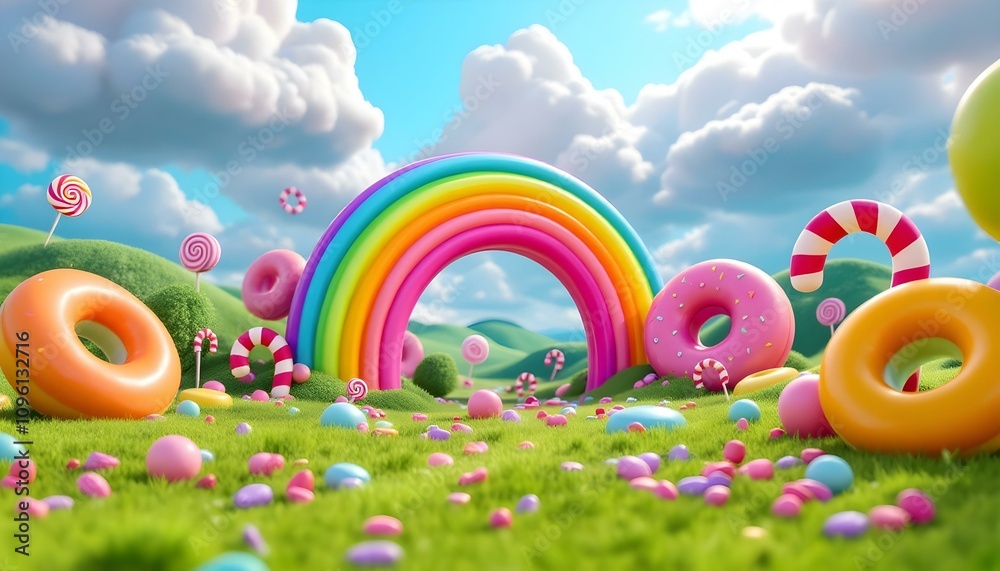 Candyland background with rainbow, candy house, and lollipops on the ...