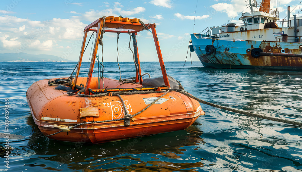 davit launched liferaft onshore, old rusty ship lifeboat, resque ...