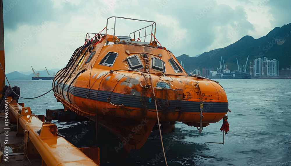 davit launched liferaft onshore, old rusty ship lifeboat, resque ...
