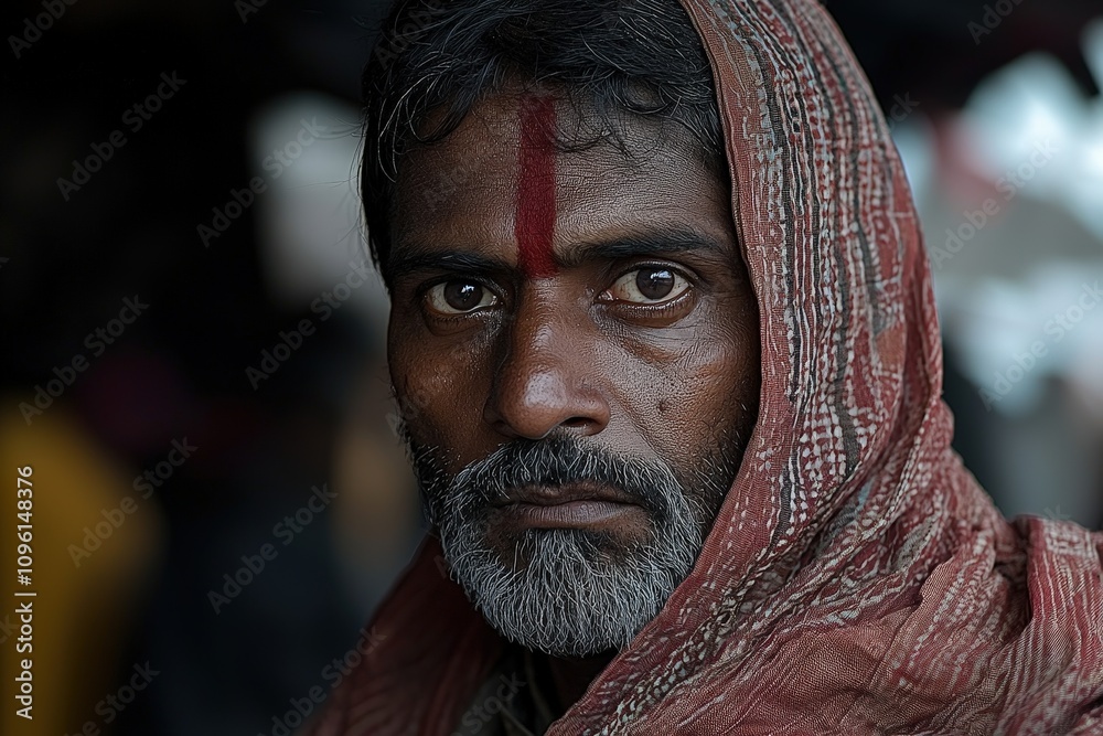 Portrait of a man with red tilak, wrapped in a traditional shawl ...