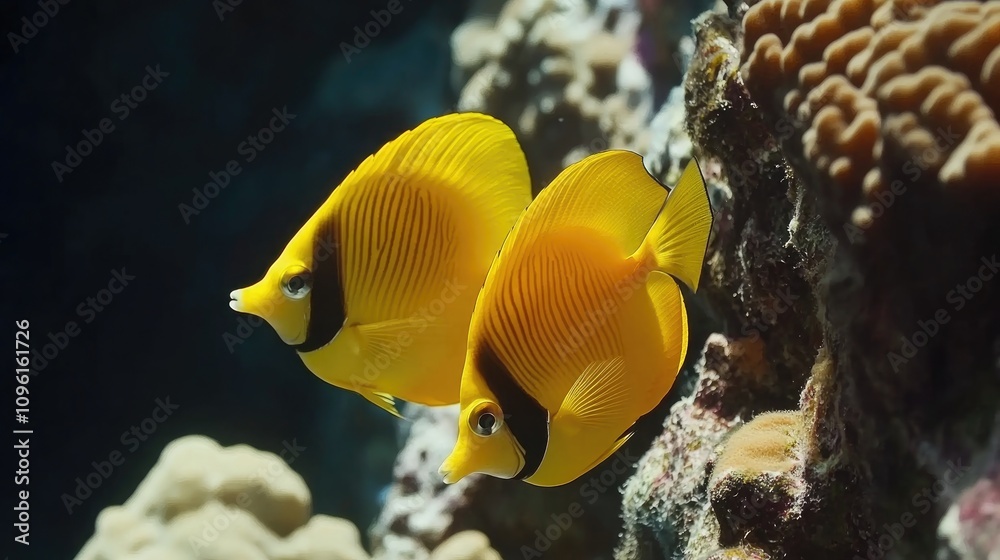 Two vibrant butterfly fish with yellow bodies and black markings swim ...