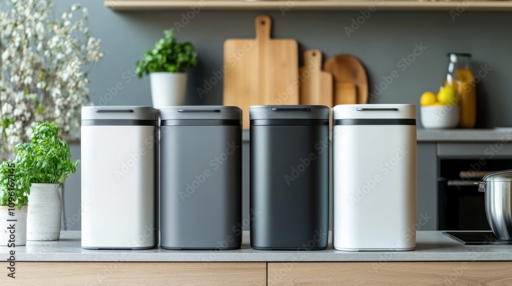Modern kitchen bins arranged in a row promoting effective waste sorting ...
