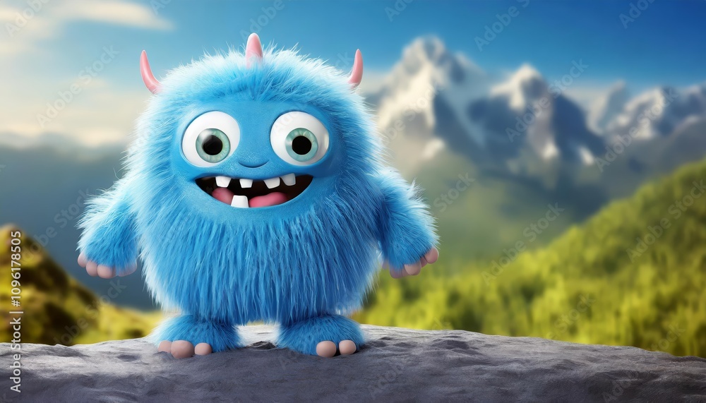 Adorable blue furry monster D cartoon character with playful expression ...