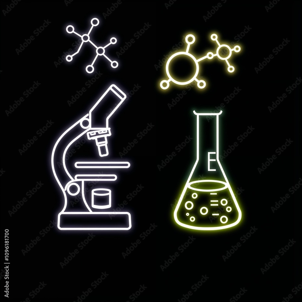 Neon icon - microscope and lab flask, both outlined with glowing white ...