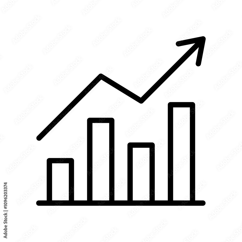 Black single arrow growing up chart graph bars line icon, success graph trending upwards flat ...