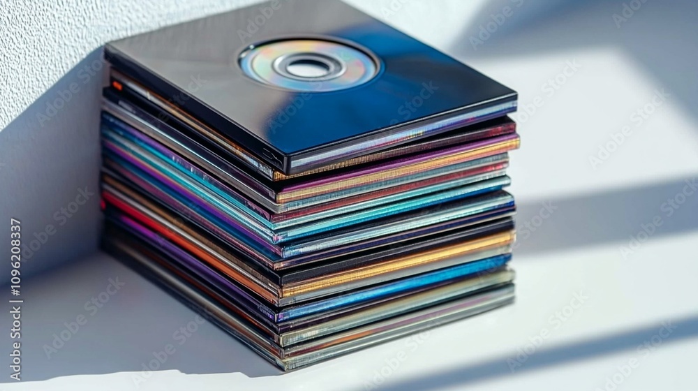 Colorful stack of compact discs in jewel cases casting shadows on white ...