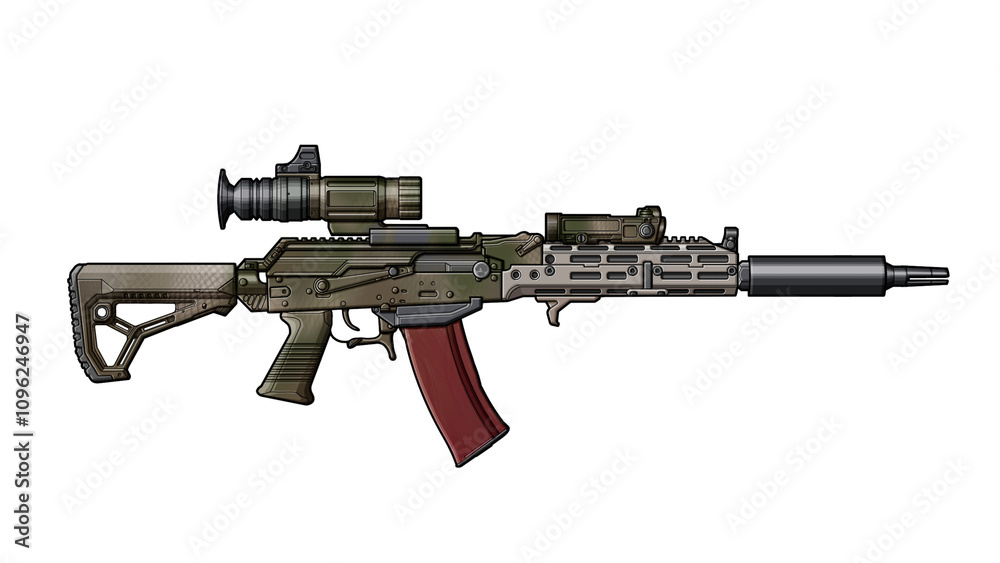 Upgraded camo AK 105 assault rifle with collimator sight on thermal imaging scope, tactical grip ...