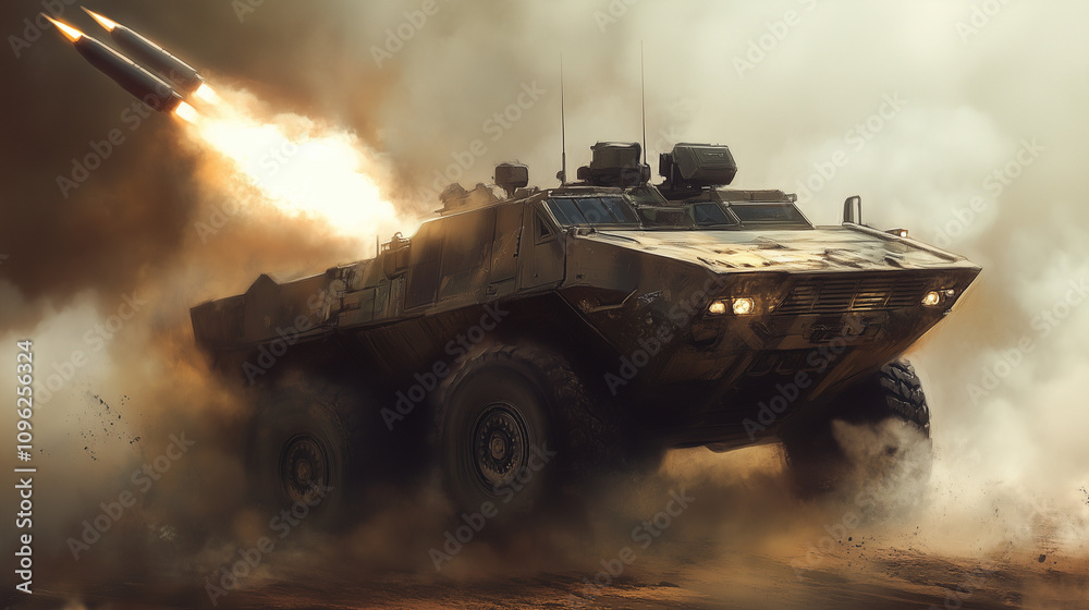 Armored military vehicle firing rockets with blazing flames and smoke ...