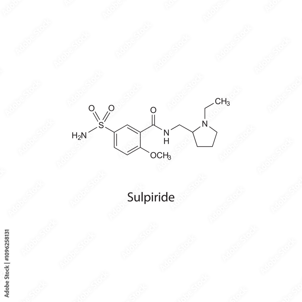 Sulpiride flat skeletal molecular structure Atypical Antipsychotic drug used in schizophrenia ...