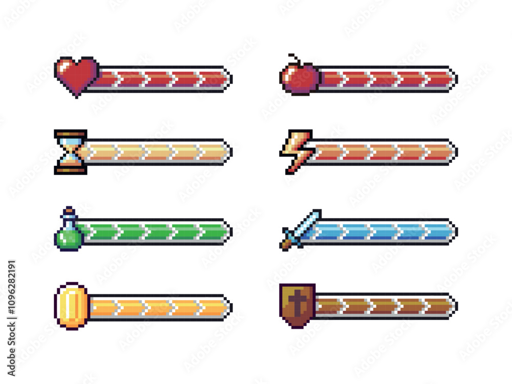 8bit pixel arcade game experience bars and energy levels, vector UI ...