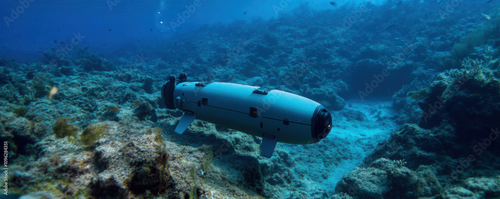 Autonomous underwater drone exploring ocean depths, assisting in naval ...
