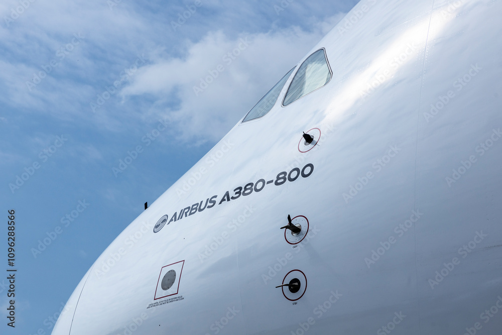 Berlin, Germany - June 6 2024: Airbus A380 nose cockpit section closeup ...
