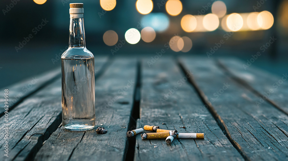 Clear bottle of alcohol and cigarette butts sit on weathered picnic ...