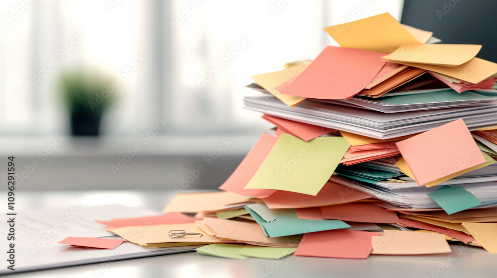 Messy paperwork with colorful sticky notes piling up on an office desk ...