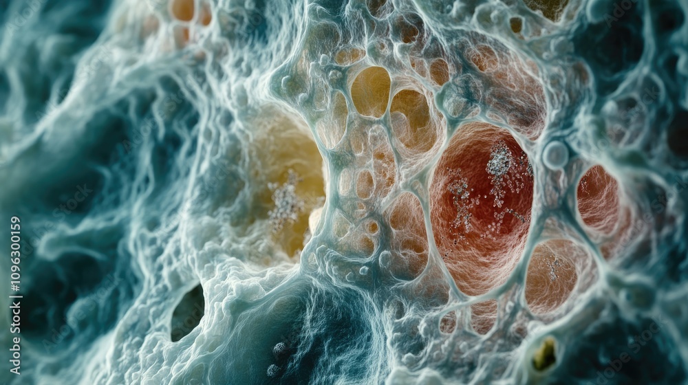 Microscopic close-up revealing intricate structures of epithelial tissue with vibrant ...