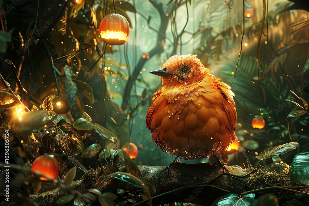 Discover an enchanted forest where a glowing bird perches amidst ...