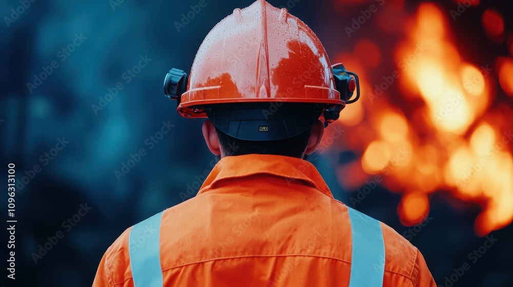 Fire alarm sensor signal concept. A firefighter in an orange uniform ...