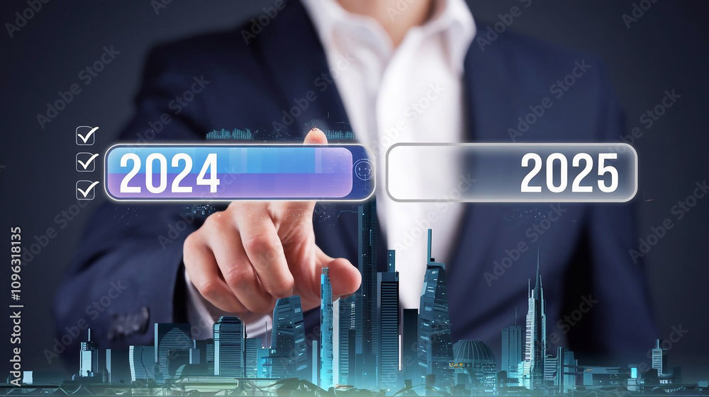Progress and transition from 2024 to 2025 concept. A person pointing to ...
