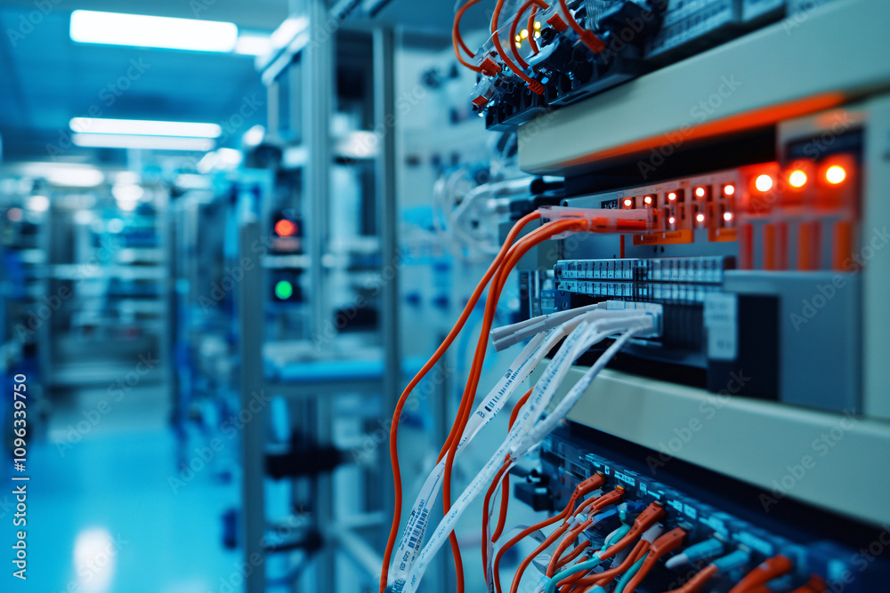 a modern data center with orange ethernet cables connecting server racks glowing indicator ...