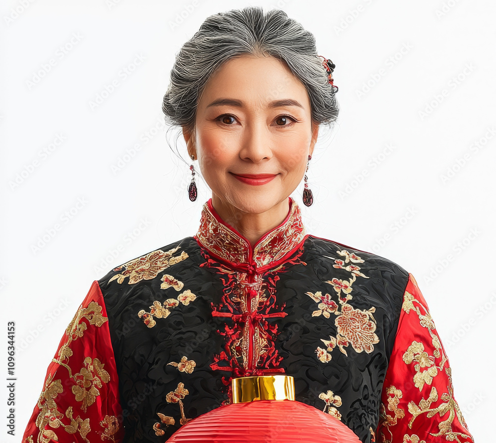 Cheerful woman in traditional Chinese attire celebrating Chinese New ...