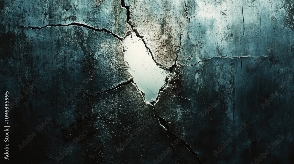 Cracked wall showcasing a damaged section revealing a stark white void ...