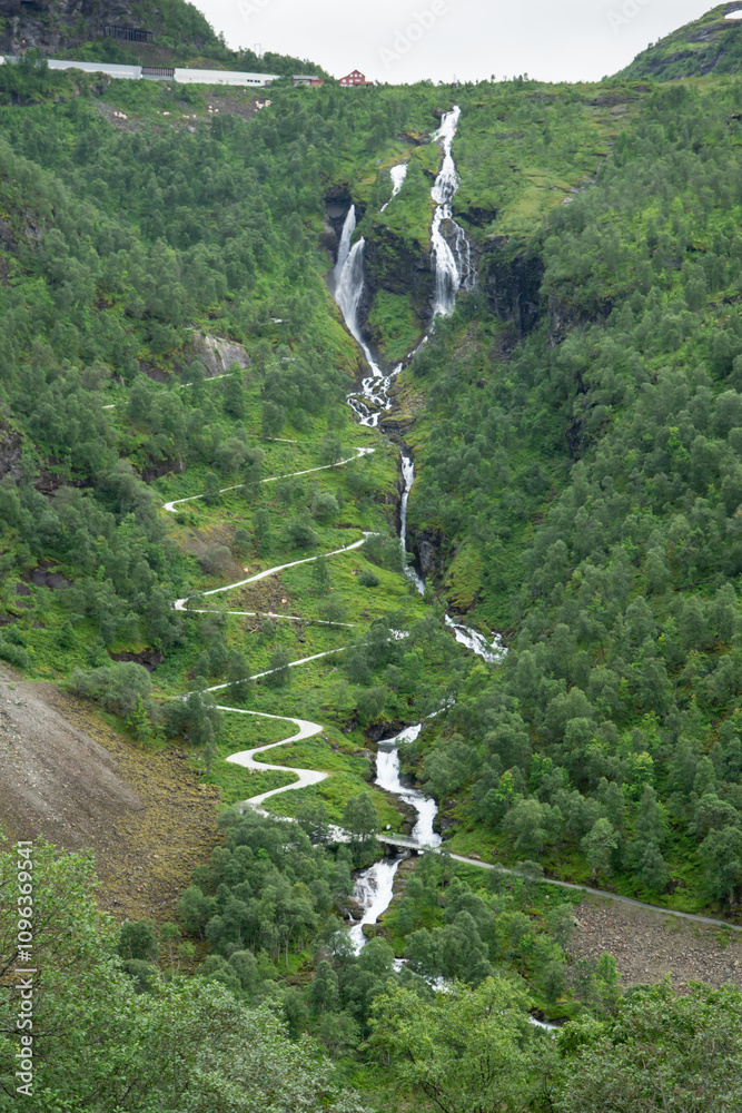 Mardalsfossen waterfall that flows into the Myrdola River near Myrdal ...