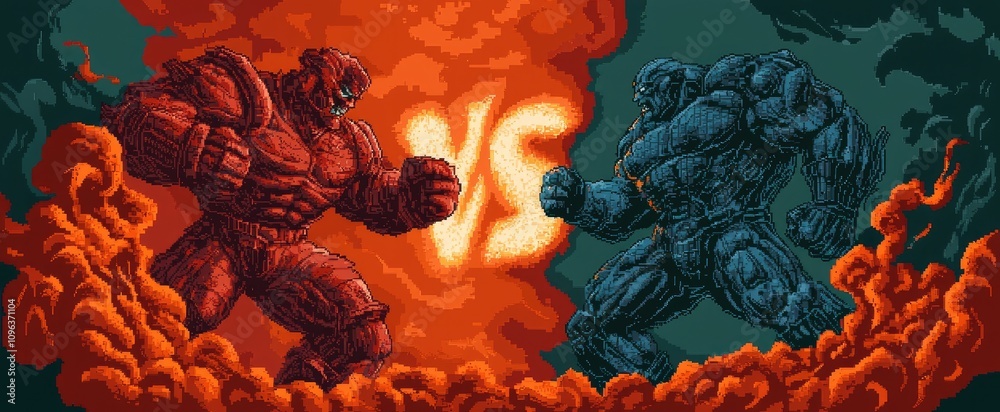 Two powerful giants face off in a fiery arena, embodying a classic ...