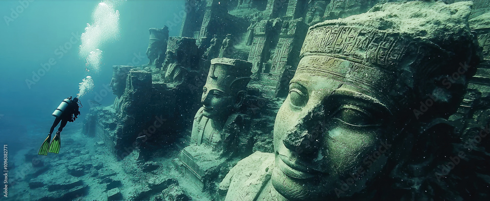 Ancient Egyptian temple underwater in sea, diver swims past old ...