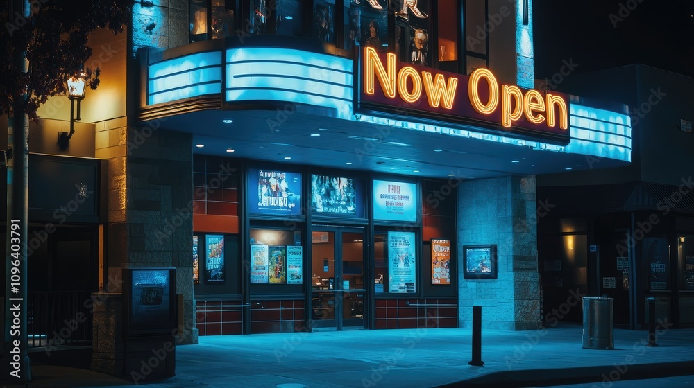 Brightly Lit Movie Theater Entrance at Night with Illuminated "Now Open ...