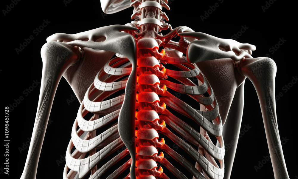 Detailed view of human spinal column and rib cage, highlighting ...
