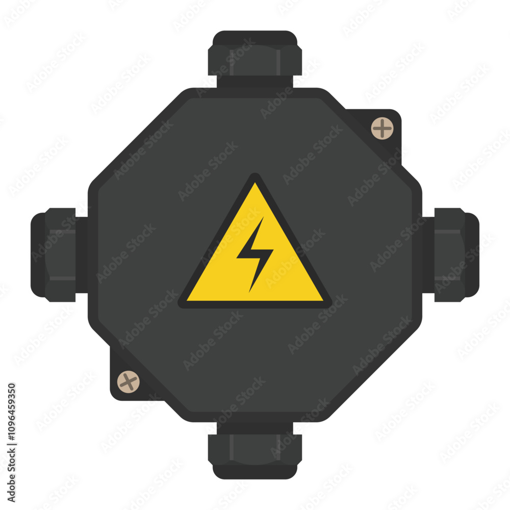 Black cable junction box with mounting flanges and high voltage warning ...