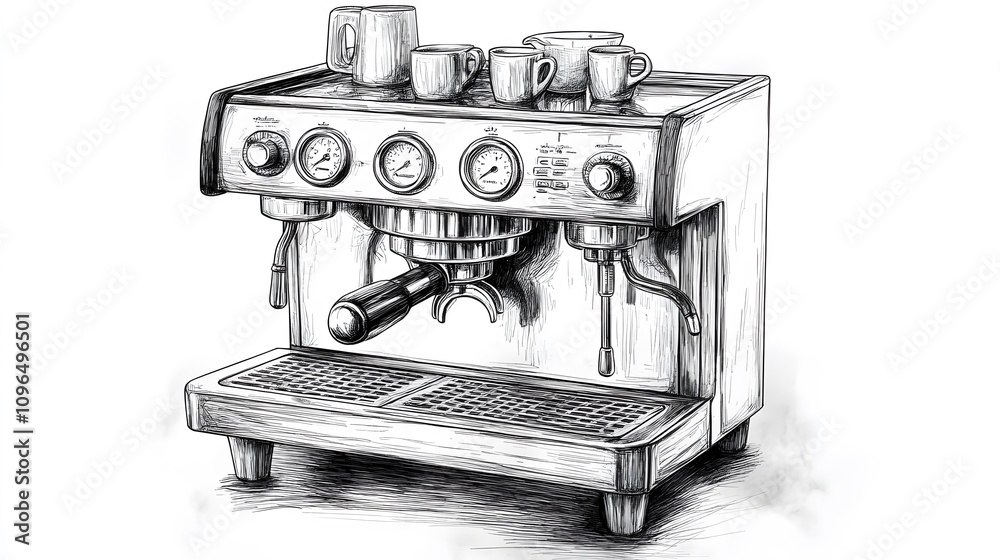 Hand-drawn espresso machine illustration in black and white line art ...