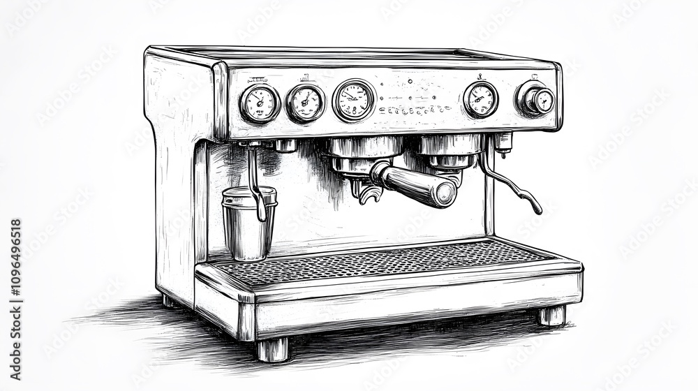 Hand-drawn espresso machine illustration in black and white line art ...