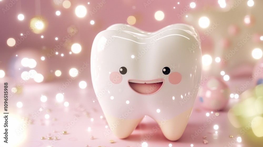 Adorable smiling tooth character with rosy cheeks on a glowing pink ...