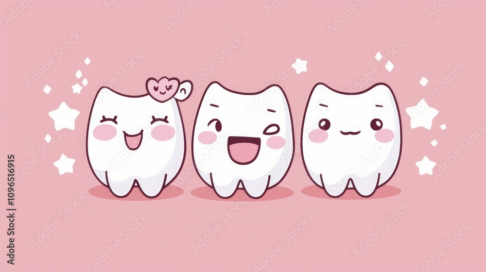 Three happy tooth characters with blushing cheeks surrounded by stars ...