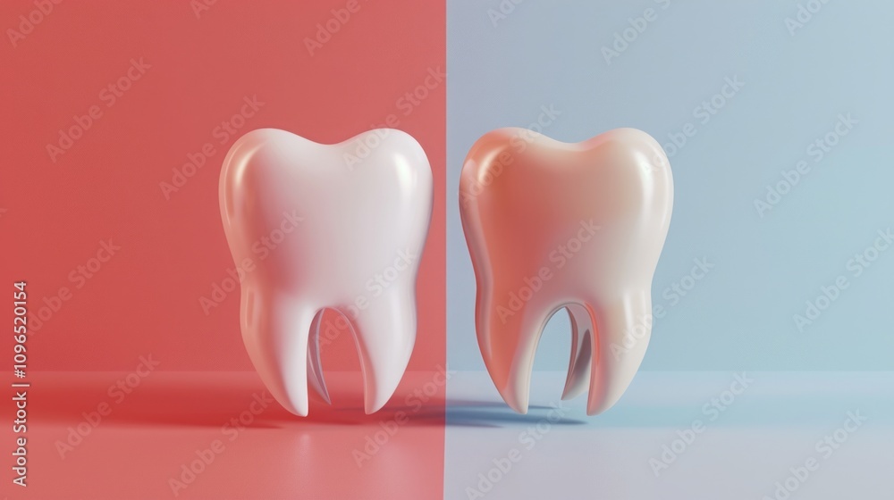 3D illustration of two teeth with a split blue and red background ...