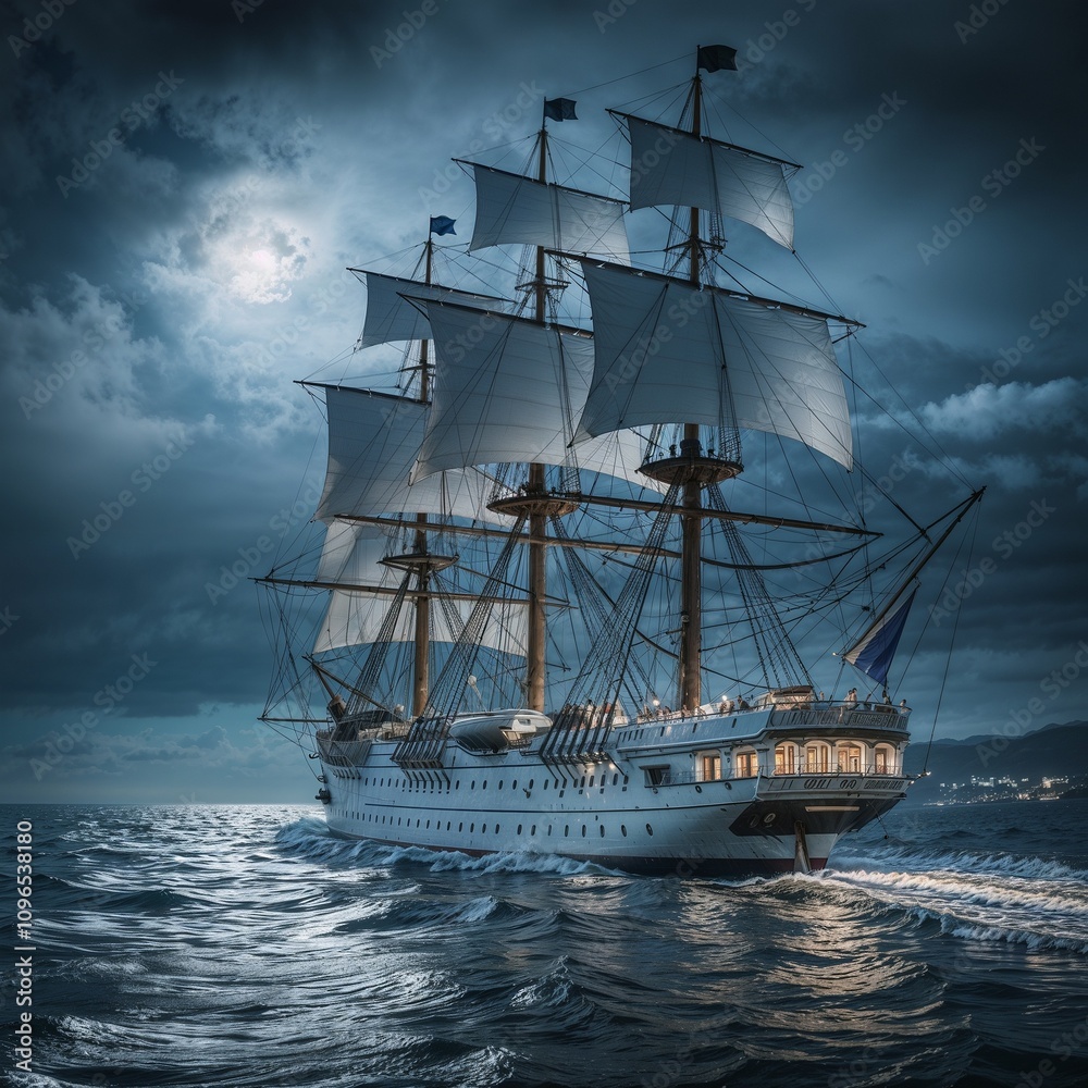 Sailing ship with tall masts sails on a tumultuous sea, the soft glow ...
