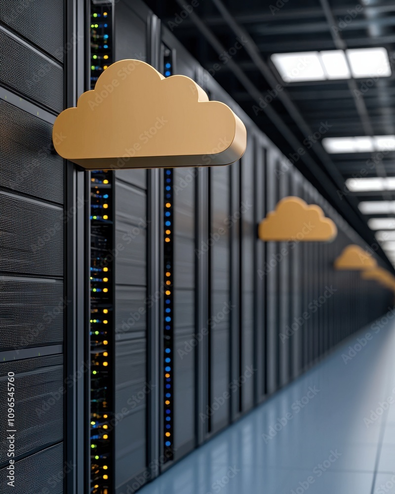 The image showcases a data center with server racks and stylized cloud icons, representing cloud ...