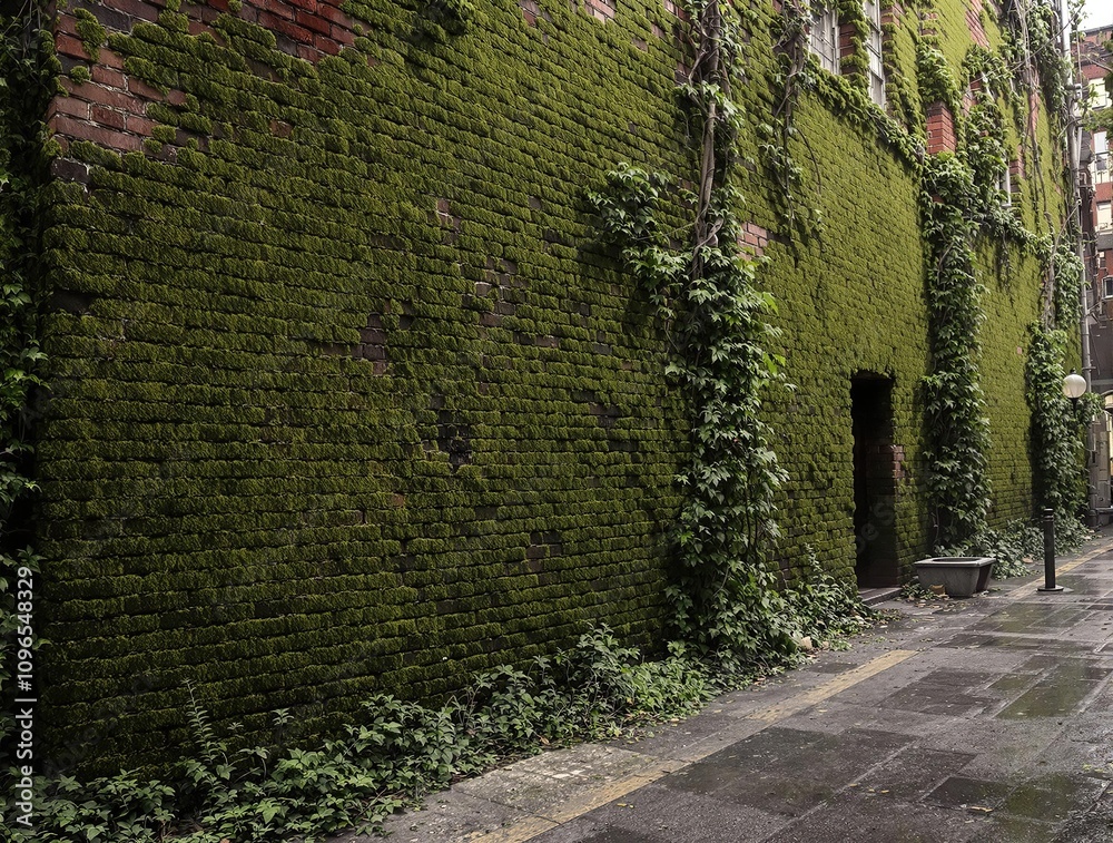 Abandoned brick wall with vines and moss growing on it in a forgotten ...