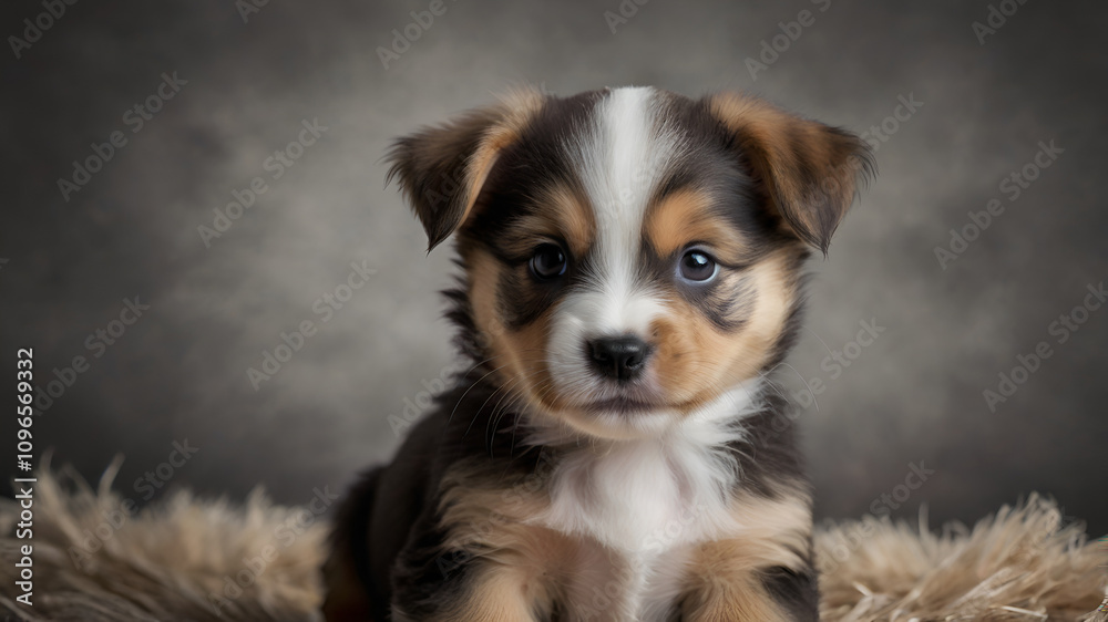 An adorable puppy posing in a professional studio setup. The fluffy pup ...