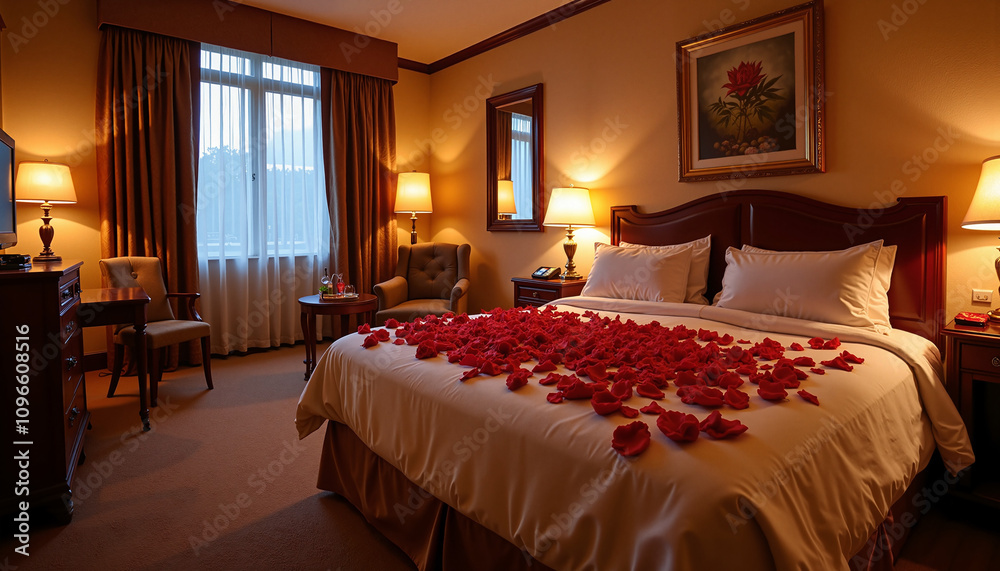 Luxurious hotel room with red rose petals spread on the bed for ...