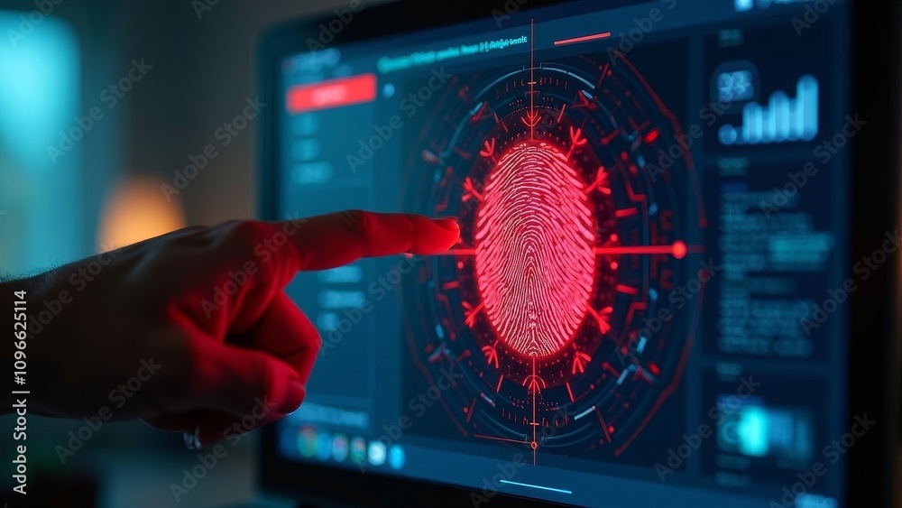 Digital fingerprint scanning on a computer screen with red alert symbol indicating unauthorized ...
