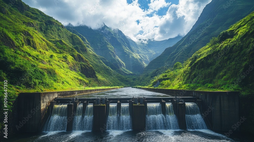 Surging water flows through turbines of a hydroelectric dam in a lush ...