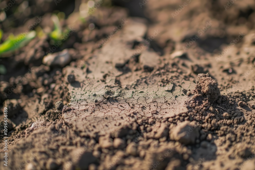 Close-up of dry, cracked soil with scattered clumps and blurred ...