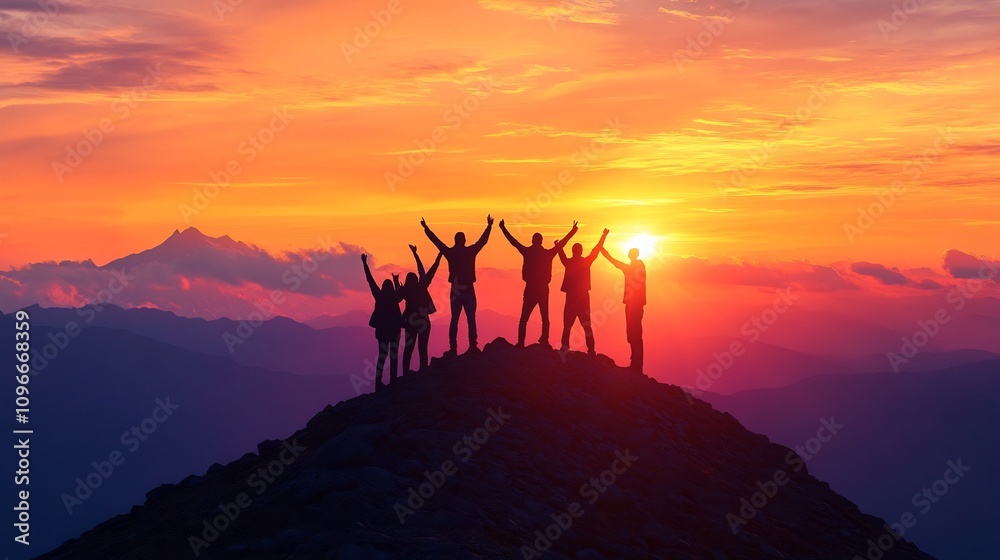 Silhouette of a successful team of people standing with their arms ...